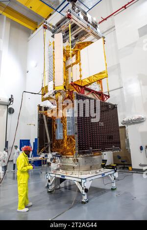SWOT Spacecraft Mate to PLA. Inside the SpaceX facility at Vandenberg ...