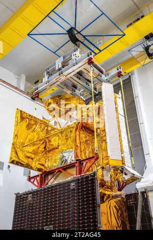 SWOT Spacecraft Mate to PLA. Inside the SpaceX facility at Vandenberg ...