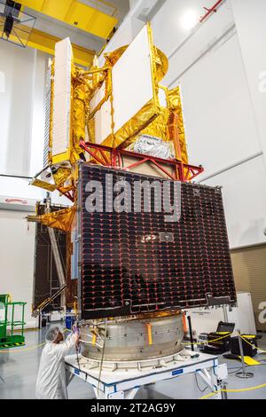 SWOT Spacecraft Mate to PLA. Inside the SpaceX facility at Vandenberg ...