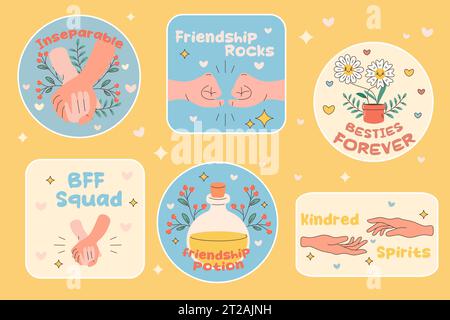 Set of stickers about friends and friendship. hand holding hand, fist ...