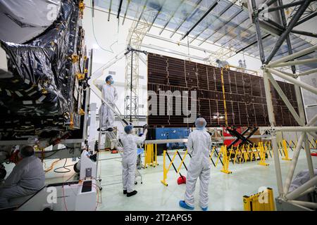 NASA's Psyche Solar Array Integration and Walkout. Team members prepare ...