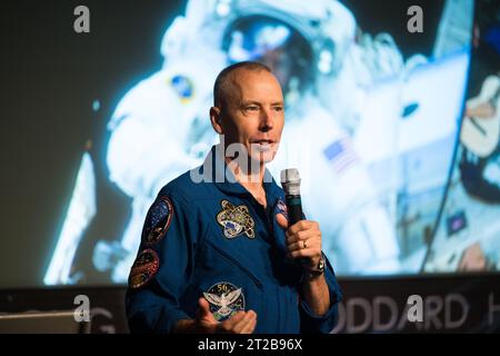 Former astronaut Drew Feustel provides remarks during the Earth ...