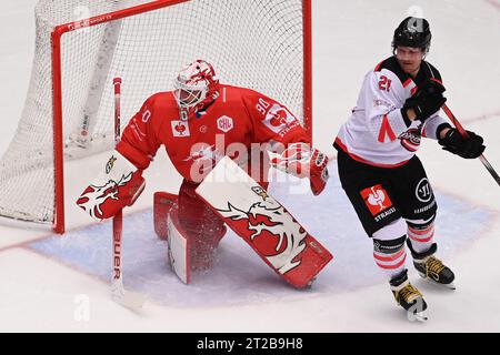 Trinec, Czech Republic. 18th Oct, 2023. L-R Kirill Kabanov (Aalborg ...