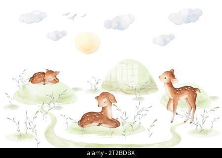 Watercolor woodland animals. Deer for wall stickers, posters ...