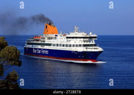 Large Blue Star Ferries ferry boat - Patmos - approachingTilos harbour ...