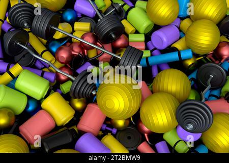 Pile of sport equipment like kettlebell, fitness ball, barbell and yoga ...