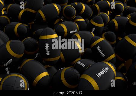 Many of flying black american football ball falling on white background ...