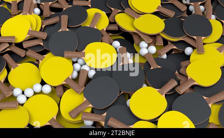 Pile of sport equipment like ping pong racket for table tennis on white ...