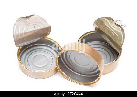 Three Opened Empty Tin Cans Isolated on White Background. Clean Used ...