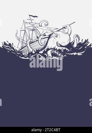 An enraged kraken attacks a commercial sailboat. Mythical monster from the dark depths. The ...