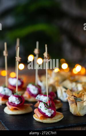 Christmas canapes, filo pastry cups with figs and blue cheese Stock ...