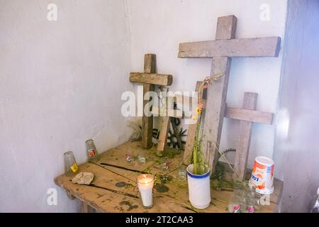 Primitive wood crosses used in ceremonies inside the tiny Los Guerrero ...