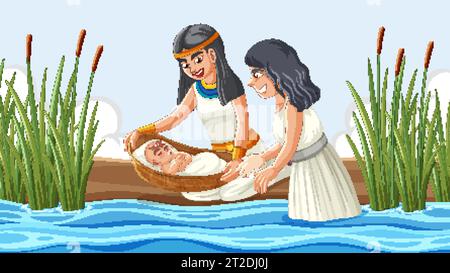 Illustration of Moses as a baby in a basket floating along the Nile ...