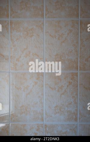 Ceramic bathroom tiles or faience on a wall. Close up shot, light brown ...
