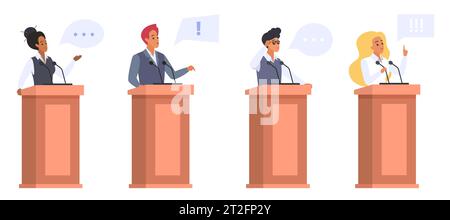 Speakers speaking behind podiums with microphones set vector ...
