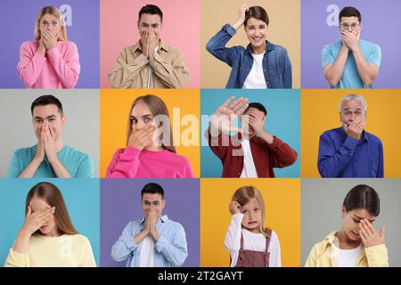 Collage with photos of embarrassed people on different color ...