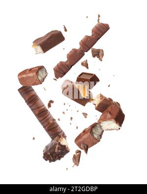 Whole and broken chocolate bars falling on white background Stock Photo ...