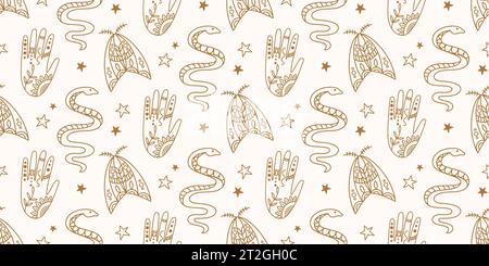 Mystical Seamless Pattern with Golden Snake with Sun, Moon and Plants ...