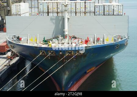 Fully loaded vessel with reefer containers viewed from bow and forward ...