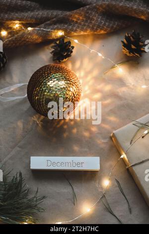 Cozy winter composition with decorative word home and paper christmas ...