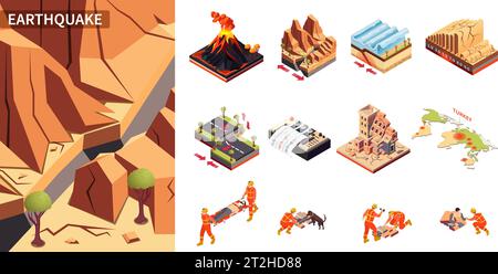 Earthquake disaster composition with volcanic eruption and tectonic ...