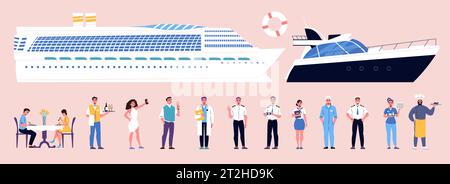 Sail ship crew members at work 4 flat icons square with helmsman ...