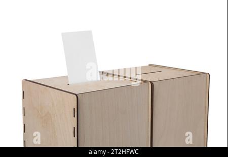 Wooden ballot boxes with vote isolated on white Stock Photo - Alamy