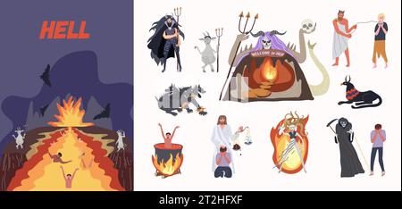 Hell underworld flat composition of people burning under the ground and ...