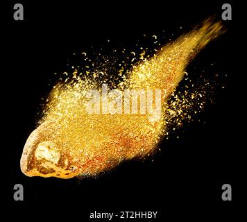 Gold nugget and shiny glitter as comet on black background. Banner ...