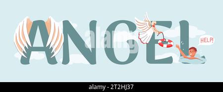 Angel help flat header text with big letters decorated with biblical ...