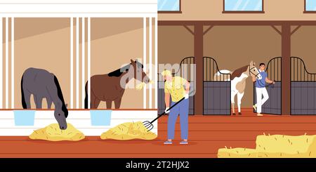 Equine stable interior flat background with workers feeding and caring ...