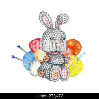 Watercolor knitting bunny illustration. Yarn rabbit clipart. Hand ...
