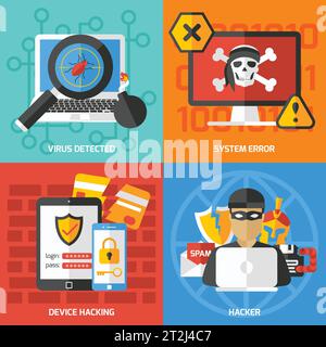 Four colorful hacking compositions with flat images and pictograms of ...