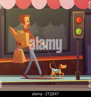 Color cartoon illustration depicting disabled blind man with dog on the ...