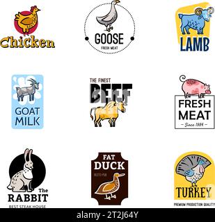 Set of food logos with goat milk and poultry beef pork lamb and rabbit ...