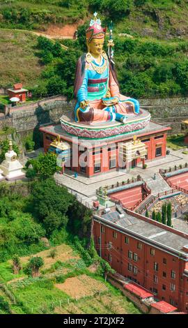 Aerial view of The biggest Guru Rinpoche Statue in Nepal, located in ...