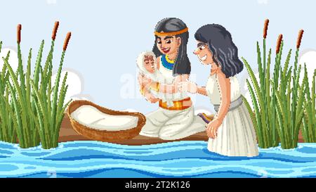 Illustration of Moses as a baby in a basket floating along the Nile ...