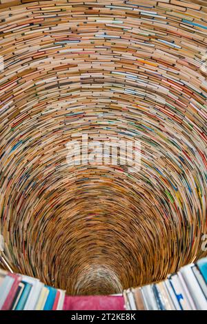 Book tower in Prague Central Library. Tower in circular form of ...