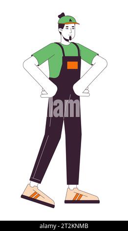 Caucasian man house mover in overalls black and white 2D line cartoon character Stock Vector ...