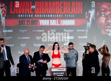 Karriss Artingstall during a weigh-in at the Titanic Hotel Liverpool ...