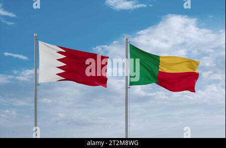 Bahrain and Benin flags waving together on blue cloudy sky, two country ...