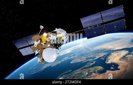Modern telecommunication space satellite Express A at Earth orbit. 3d ...