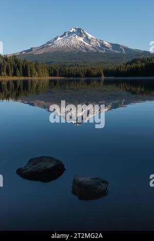 The calm Trillium lake view reflecting trees and clear sky background ...