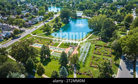 Aerial Lakeside Park ponds with fountains and view of gardens and pools ...