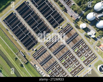 Top Down Aerial View Of Wastewater Treatment Aeration Tanks In Sewage ...