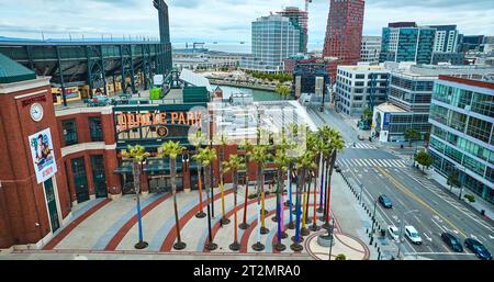 Aerial Oracle Park Willie Mays Gate ballpark entrance with palm trees ...