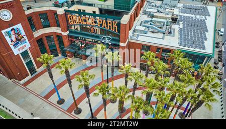 Aerial Willie Mays Gate Oracle Park front entrance with statue and palm ...