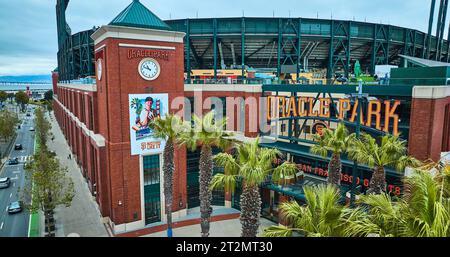 Aerial Oracle Park sign with clock of ballpark with palm trees Stock ...