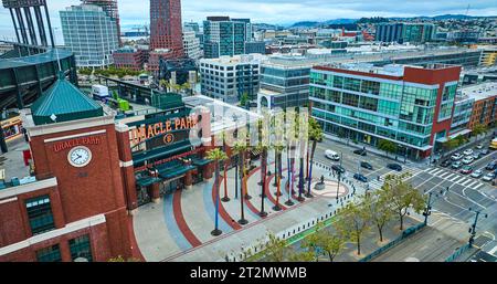 Aerial Oracle Park sign with clock of ballpark with palm trees Stock ...