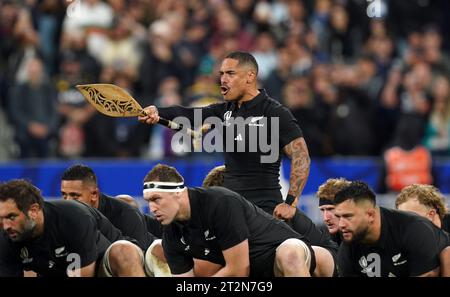 New Zealand's Aaron Smith leads his team-mates as they perform the Haka ...